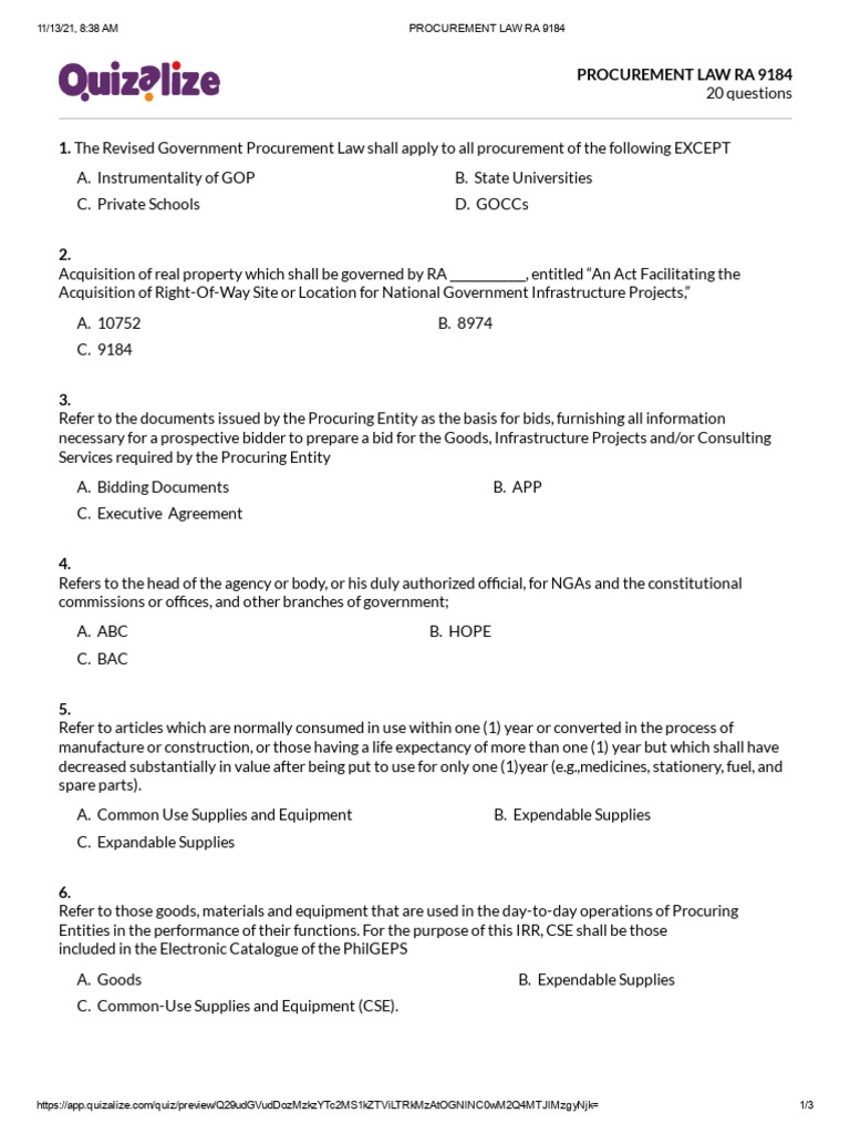 Procurement Law Ra 9184 Quiz | PDF | Procurement | Overtime