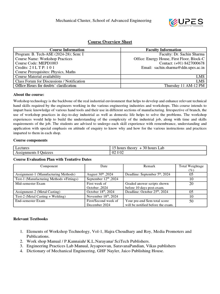 Course Overview Sheet - Workshop Practices | PDF | Engineering | Cognition