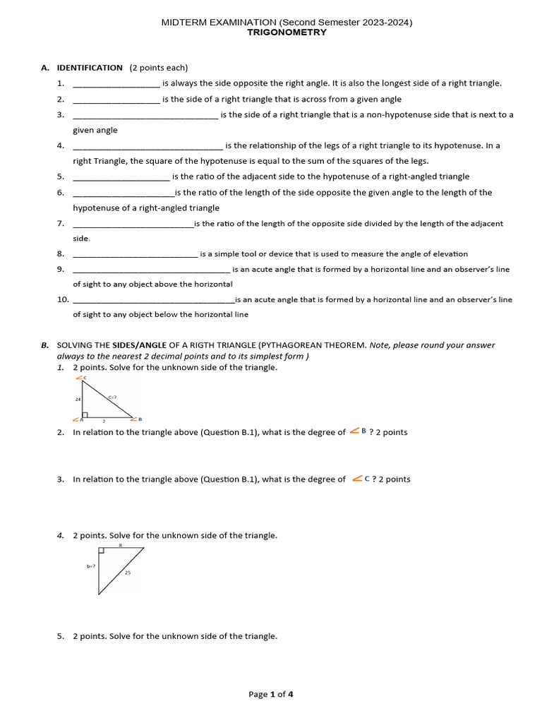 Trigonometry Exam Questionnaire Midterm Sample | PDF | Triangle | Mathematics