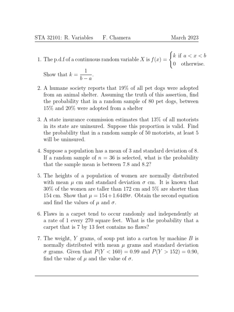 Sta 32101 Questions-Random Variables | PDF | Normal Distribution | Standard Deviation