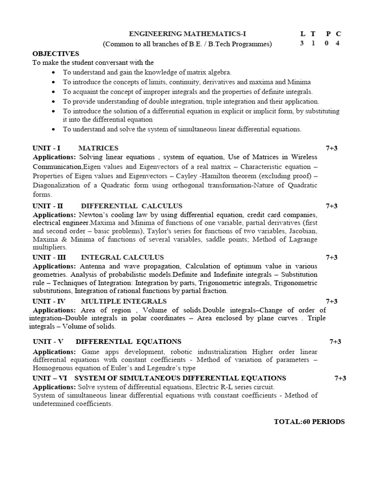Engineering Mathematics - I | PDF | Integral | Equations
