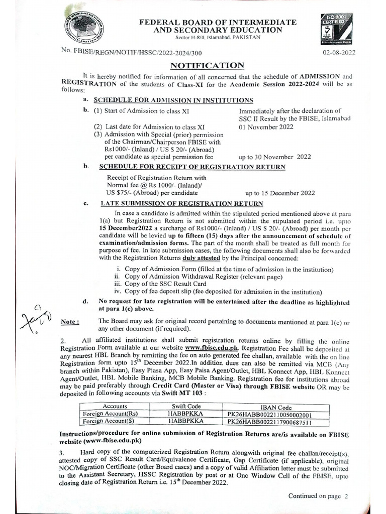 Notification Reg Admission HSSC | PDF
