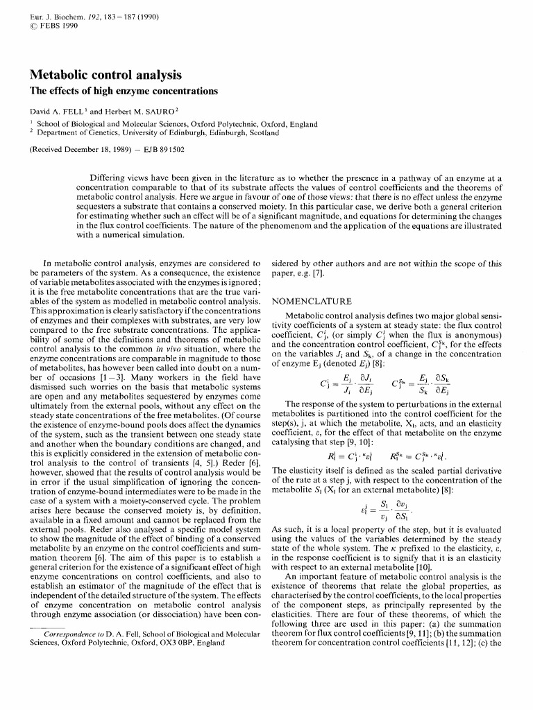 High Enzyme Concentrations in Metabolic Control Analysis | PDF ...