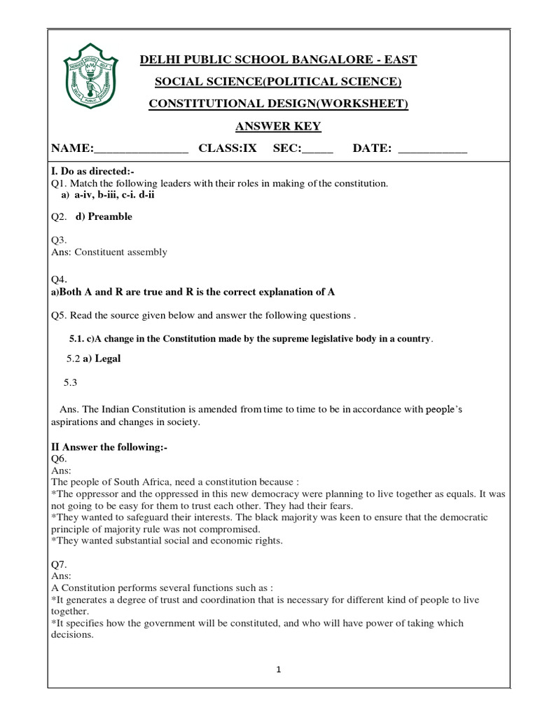 Delhi Public School Bangalore - East Social Science (Political Science ...