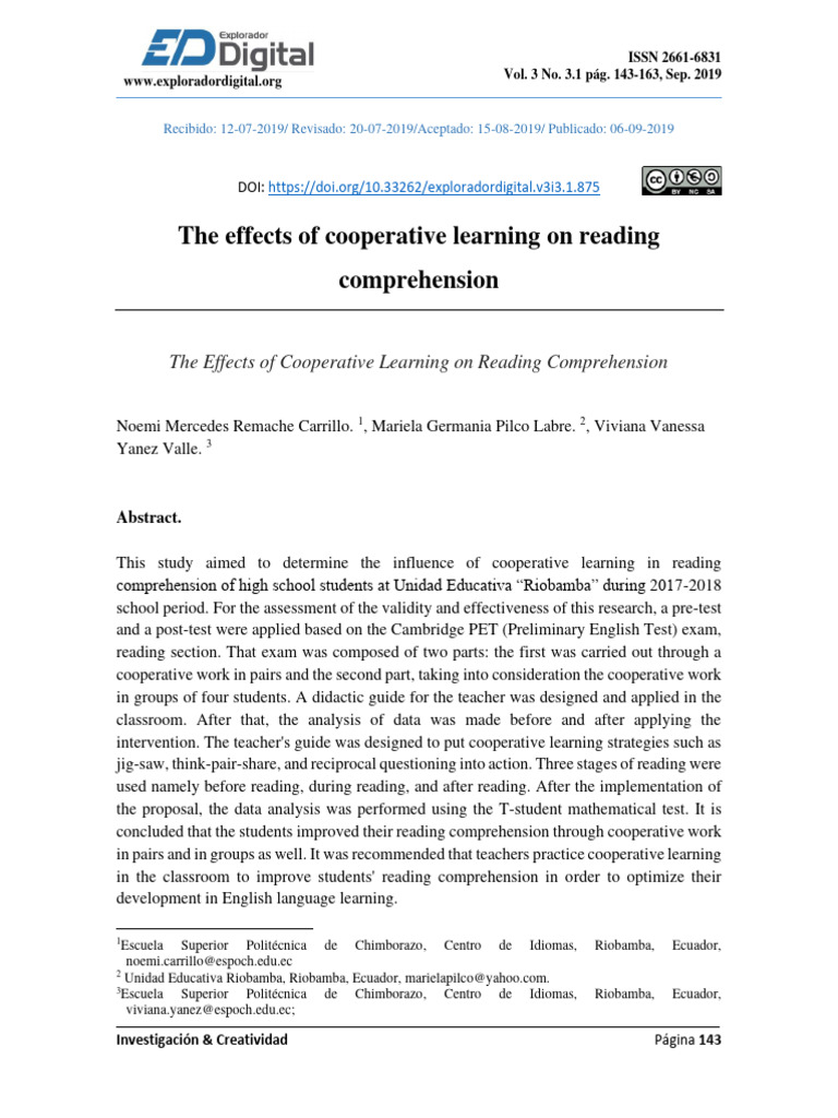 Cooperative Learning's Impact on Reading Comprehension | PDF | Student ...