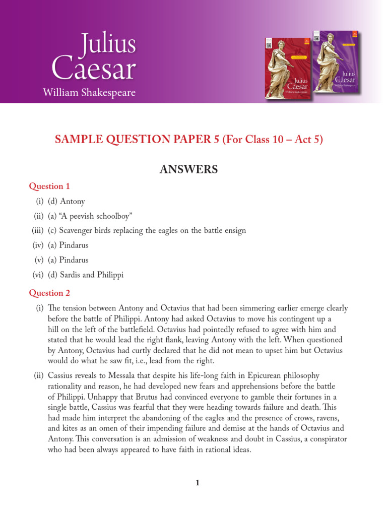 Sample Question Paper 5 (For Class 10 - Act 5) Answers | PDF | Mark Antony | Augustus