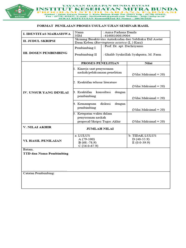 Format Penilaian Semhas Farhana | PDF