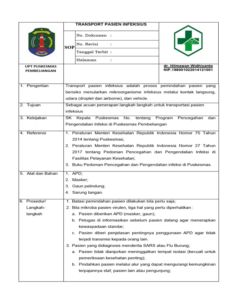 17.sop Transport Pasien Infeksius | PDF