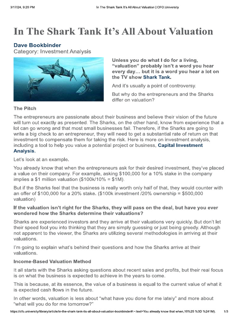 In The Shark Tank It's All About Valuation | PDF