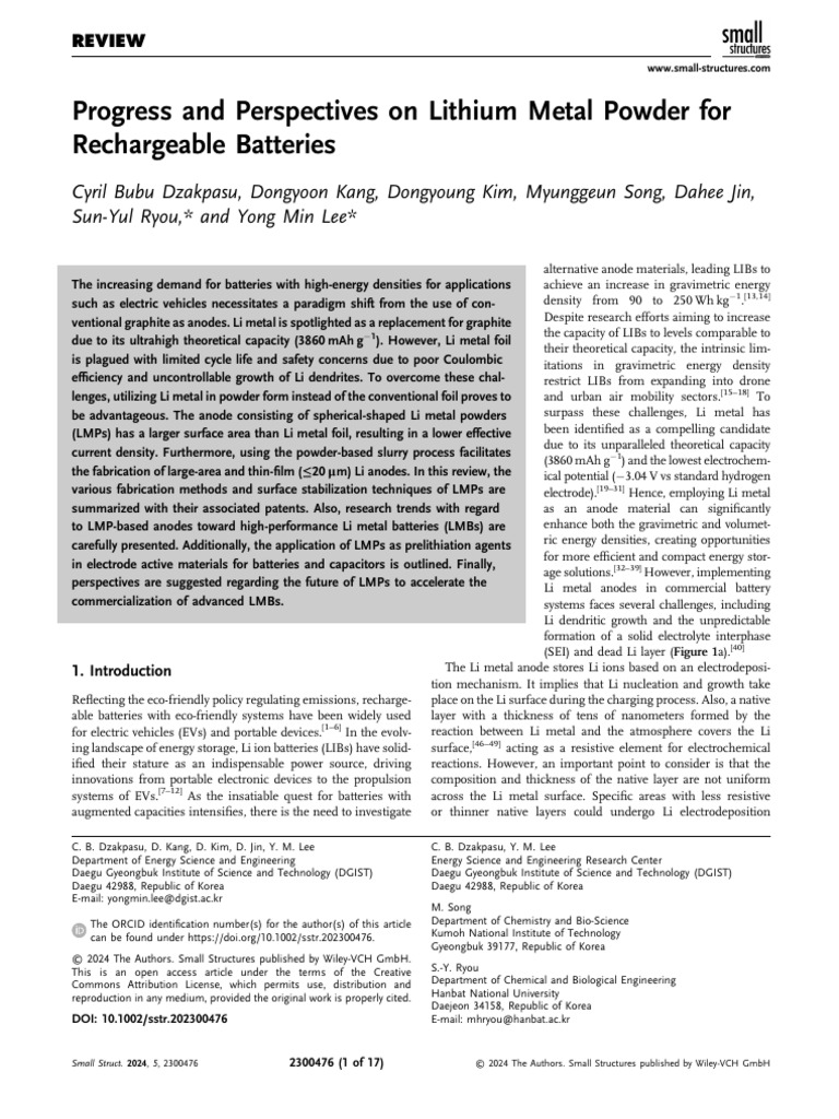 Progress and Perspectives On Lithium Metal Powder For Rechargeable ...