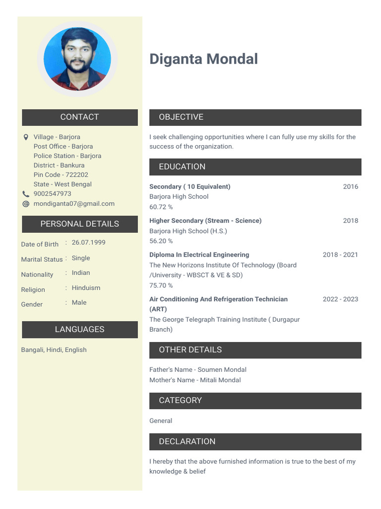 Diganta Mondal's CV and Objectives | PDF