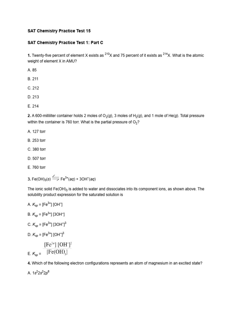 SAT Chemistry Practice Test 15 | PDF | Chlorine | Chemical Reactions