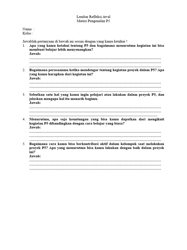 Lembar Refleksi Awal P5 Kelas X | PDF | Karier & Perkembangan