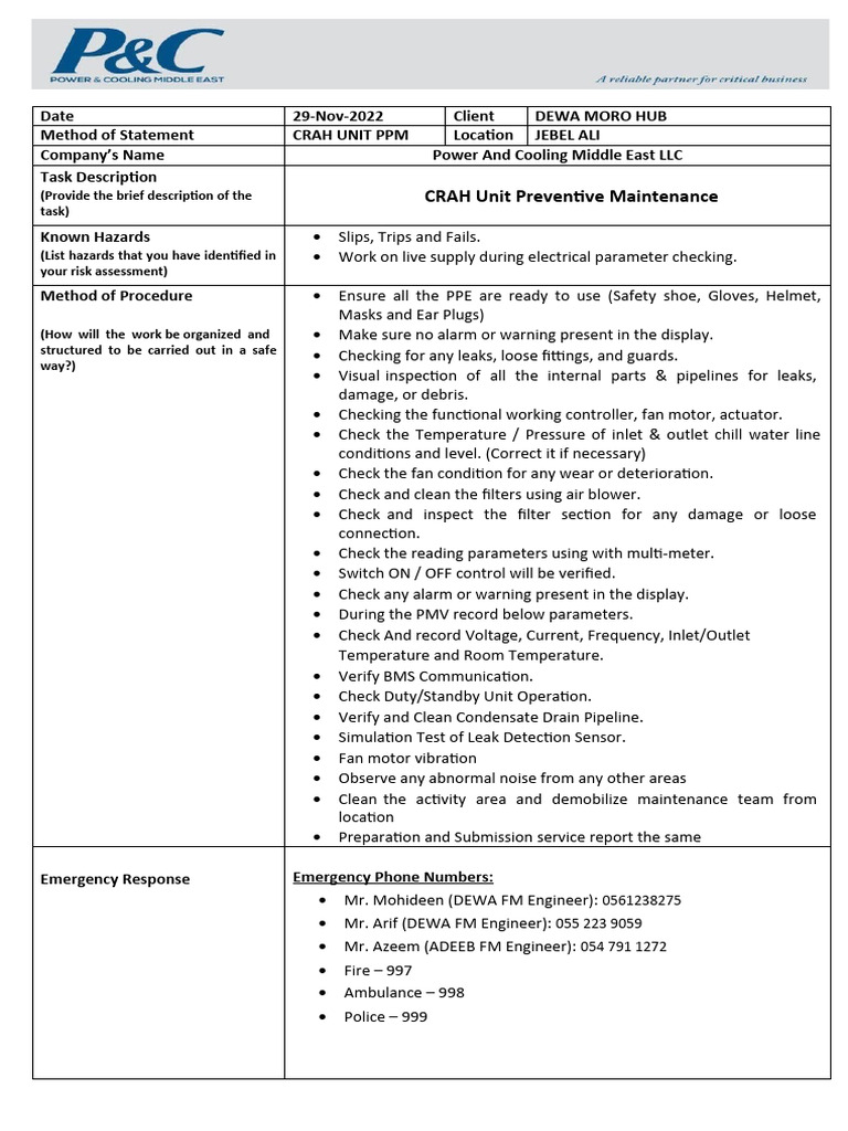 CRAH Unit PPM Method Statement | PDF | Personal Protective Equipment ...