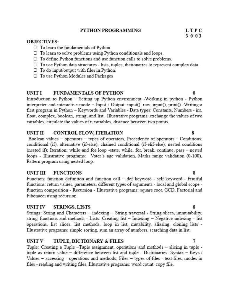 Python Programming Syllabus | PDF | Method (Computer Programming ... Python Programming Syllabus | PDF | Method (Computer Programming ...