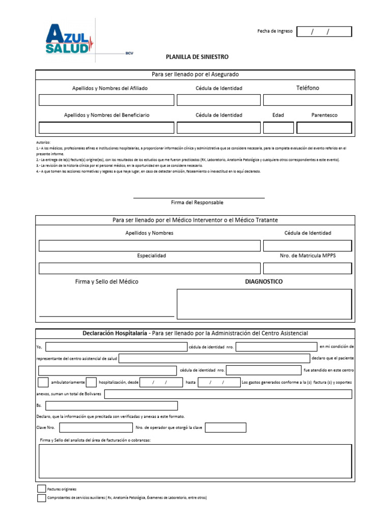 Planilla de Siniestro Azul | PDF | Documento de identidad | Ciencias de la Salud