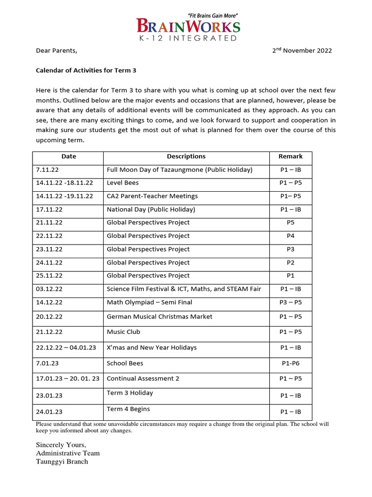 Term 3 - Calendar - Primary | PDF