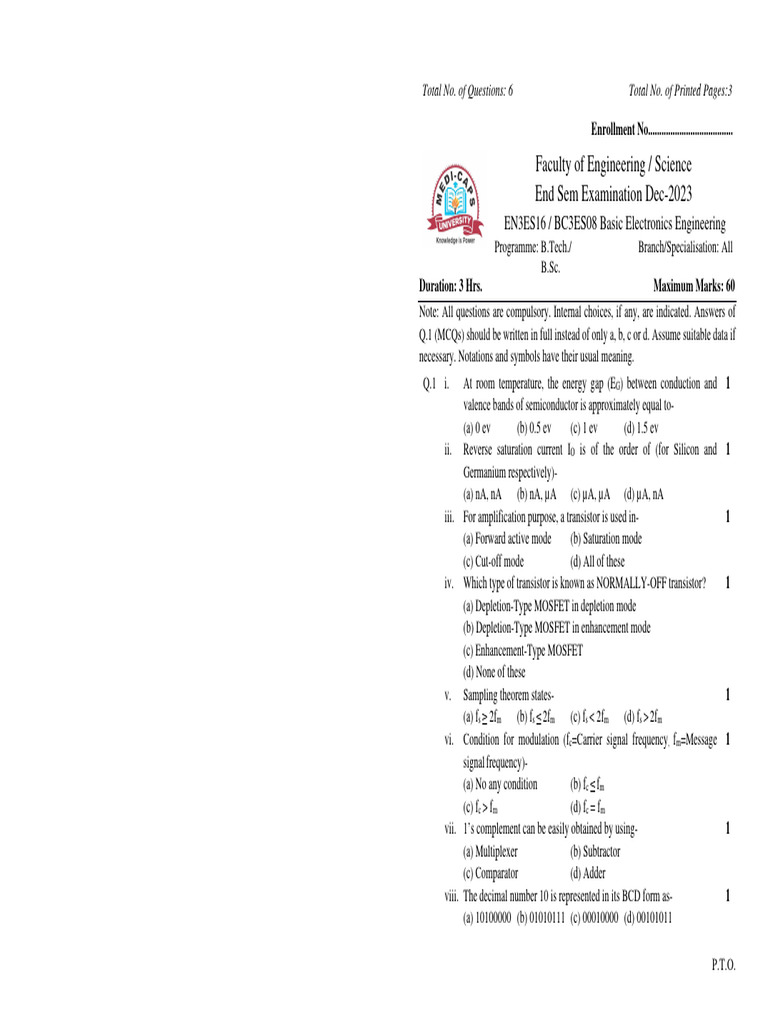 Basic Electronics Engineering Exam 2023 | PDF | Mosfet | Transistor