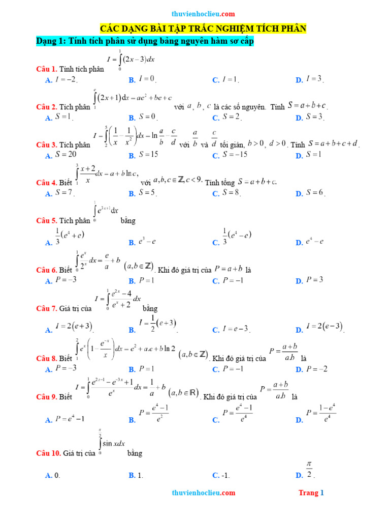 Cac Dang Bai Tap Trac Nghiem Tich Phan Hay | PDF