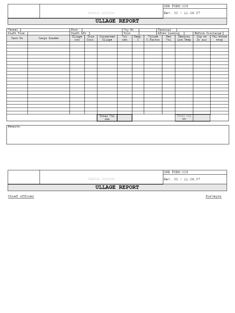 Opr Form 009 Ullage Report | PDF | Technology & Engineering