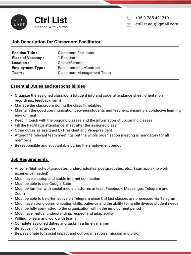 Job Description For Classroom Facilitator (CTRL List) | PDF ...