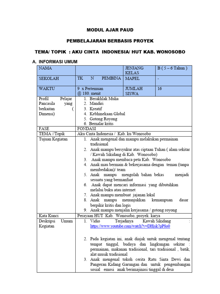 Modul Ajar Paud Project Kab. Wonosobo | PDF