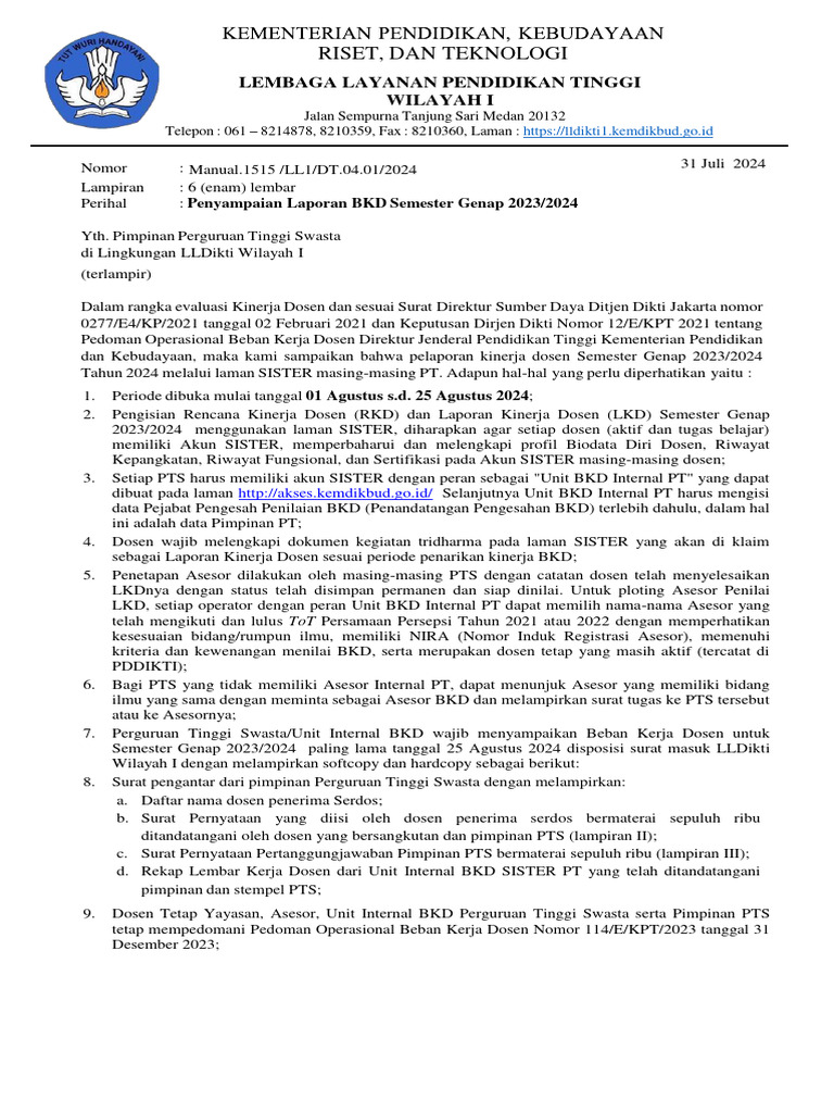 Penyampaian Laporan BKD Dosen SEM Genap 20242025 Tahun 2024 | PDF