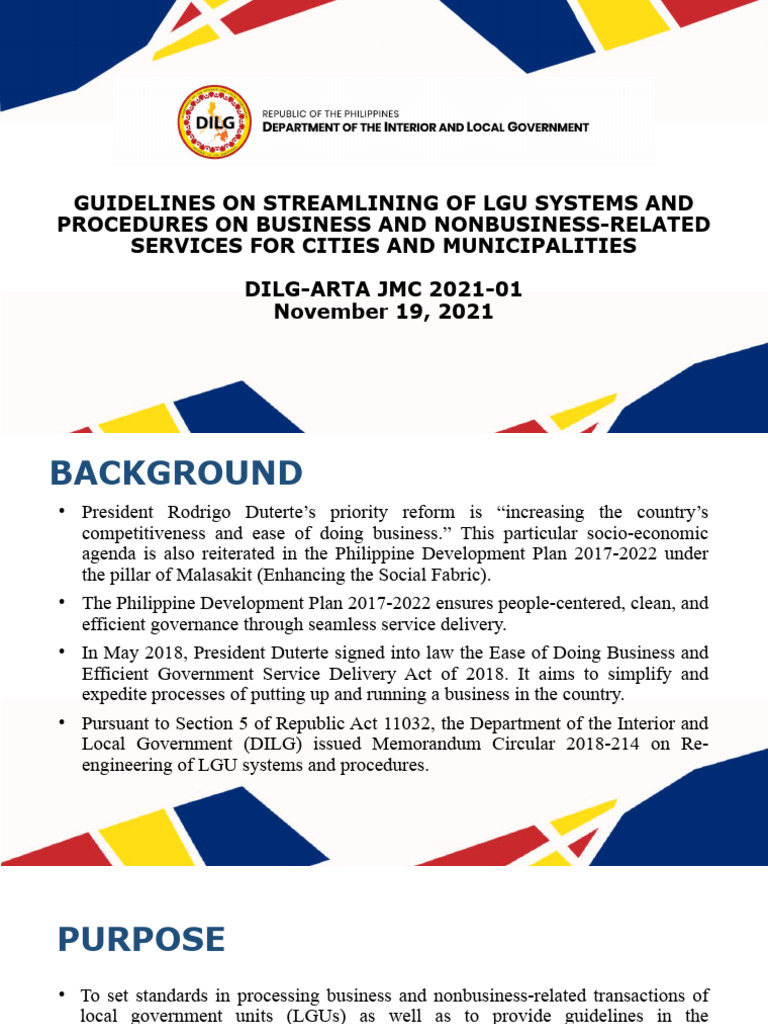 (MODULE 1) Presentation of JMC On Streamlining of LGU Systems and Procedures On Business and ...
