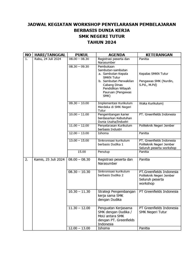 Jadwal Kegiatan Workshop Penyelarasan Pembelajaran Berbasis Dunia Kerja | PDF