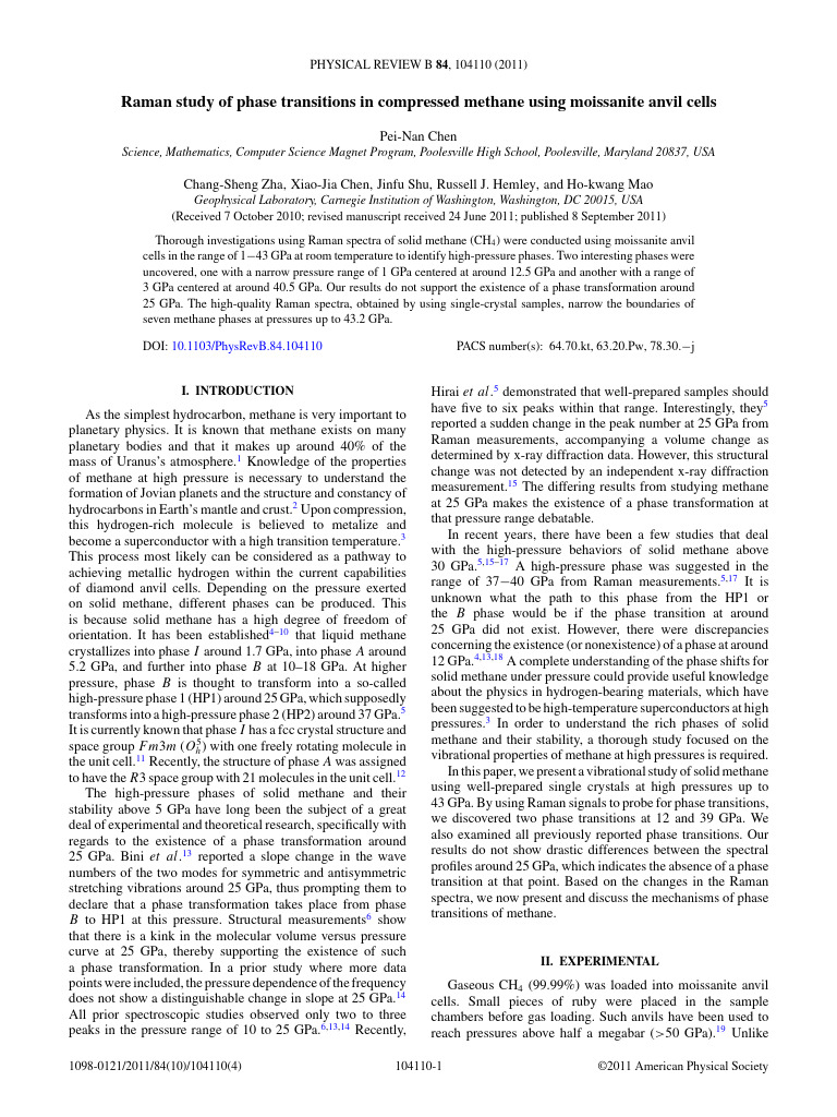 Raman Study of Phase Transitions in Compressed Methane Using Moissanite Anvil Cells | PDF ...
