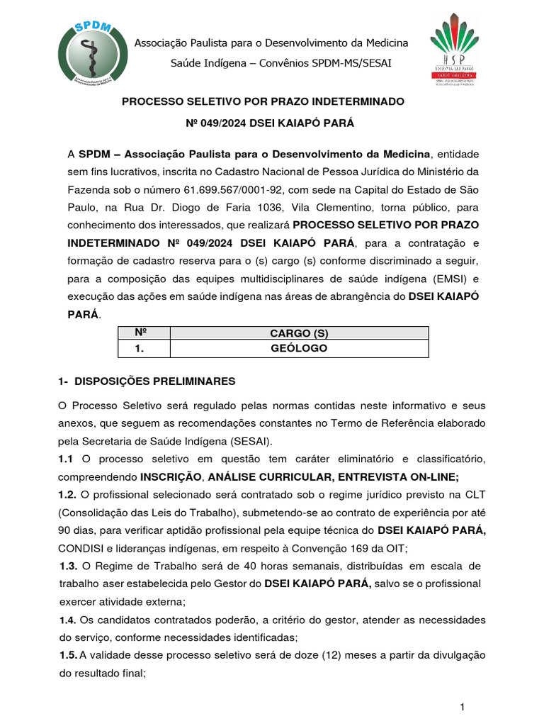 MODELO DE EDITAL DA SPDM VAGA GEOLOGO | PDF