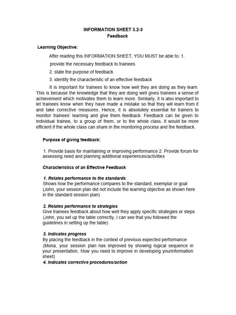 INFORMATION SHEET 3.2-3 Feedback | PDF | Learning | Information