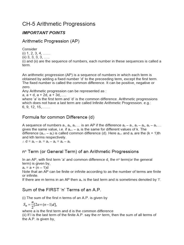 ch-5 Arithmetic Progression | PDF | Sequence | Numbers