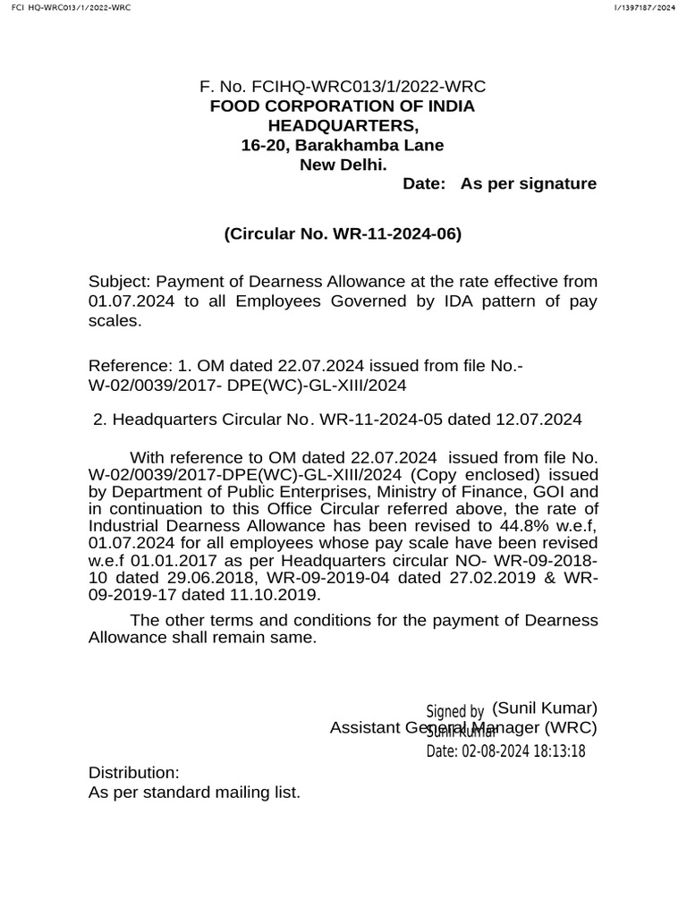 Revised Dearness Allowance Notice 2024 | PDF | Employment Compensation ...