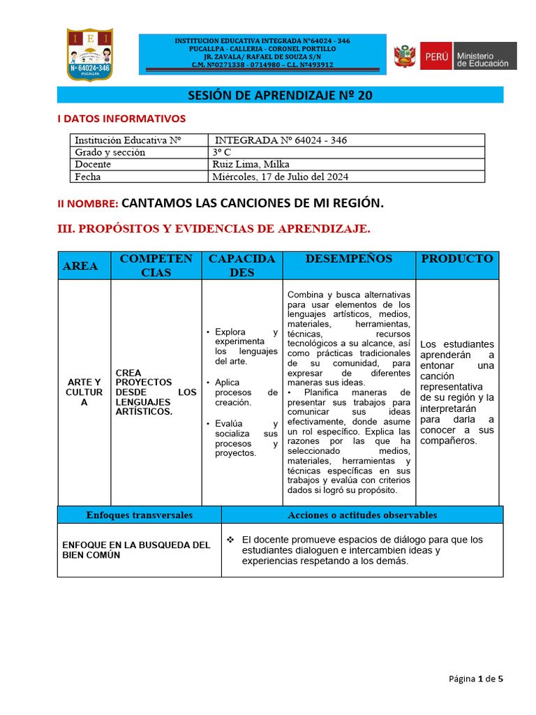 Sesión de Aprendizaje Nuevo Esquema #20 | PDF | Canciones | Aprendizaje