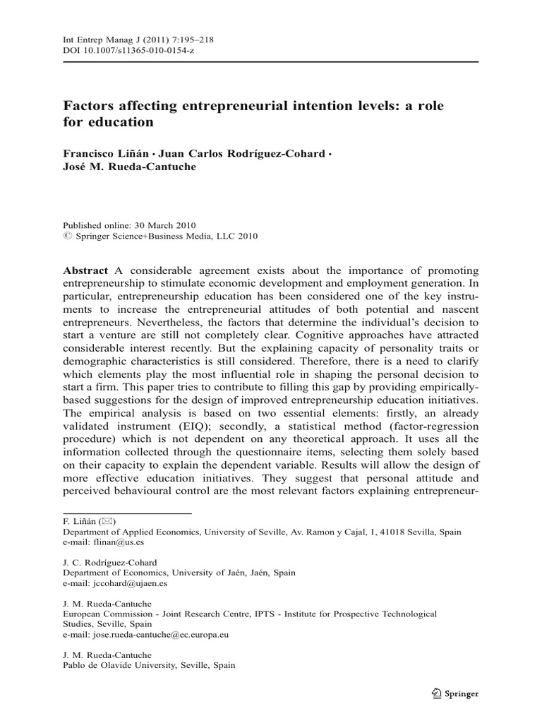 Factors Affecting Entrepreneurial Intent | PDF | Entrepreneurship | Coefficient Of Determination