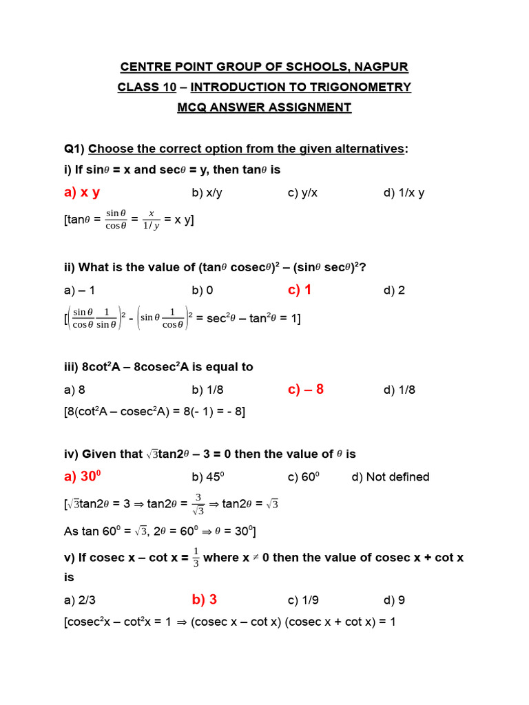 CL 10 - LP6 - Trig - Chap End MCQS Anskey | PDF | Trigonometric Functions | Combinatorics