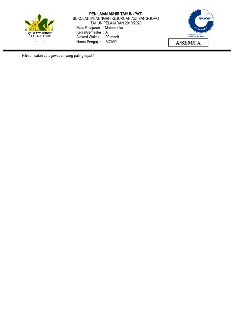 PAT Matematika SMK Adi Sanggoro 2019/2020 | PDF | Metode & Bahan Ajar
