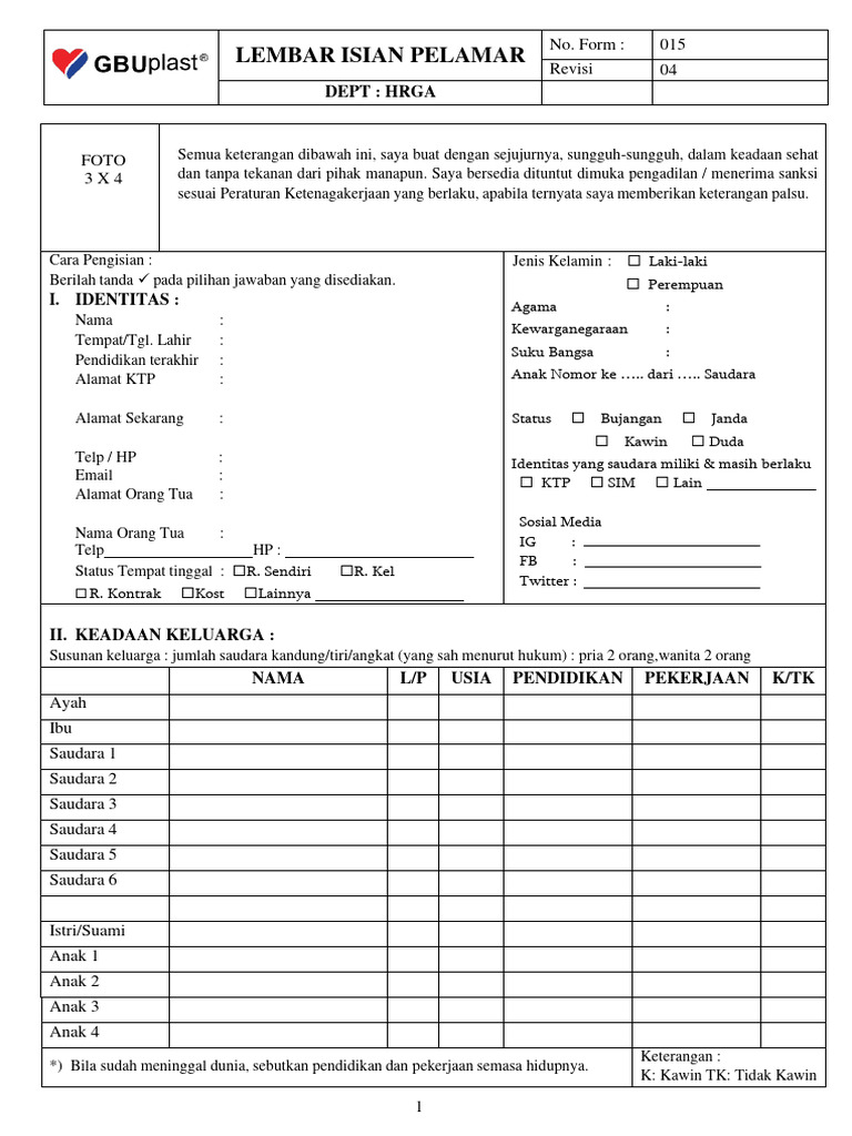 Form Data Diri Pelamar | PDF