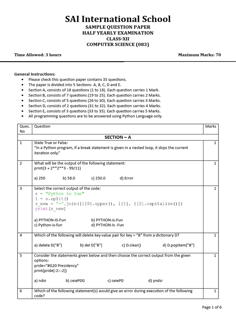 Sample QP-CS (Xii-Hy) - 2024-25 | PDF | String (Computer Science) | Python (Programming Language)