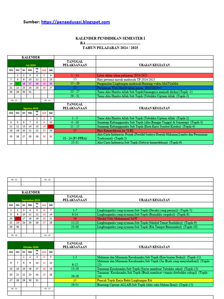 Kalender Pendidikan PAUD 2024/2025 | PDF