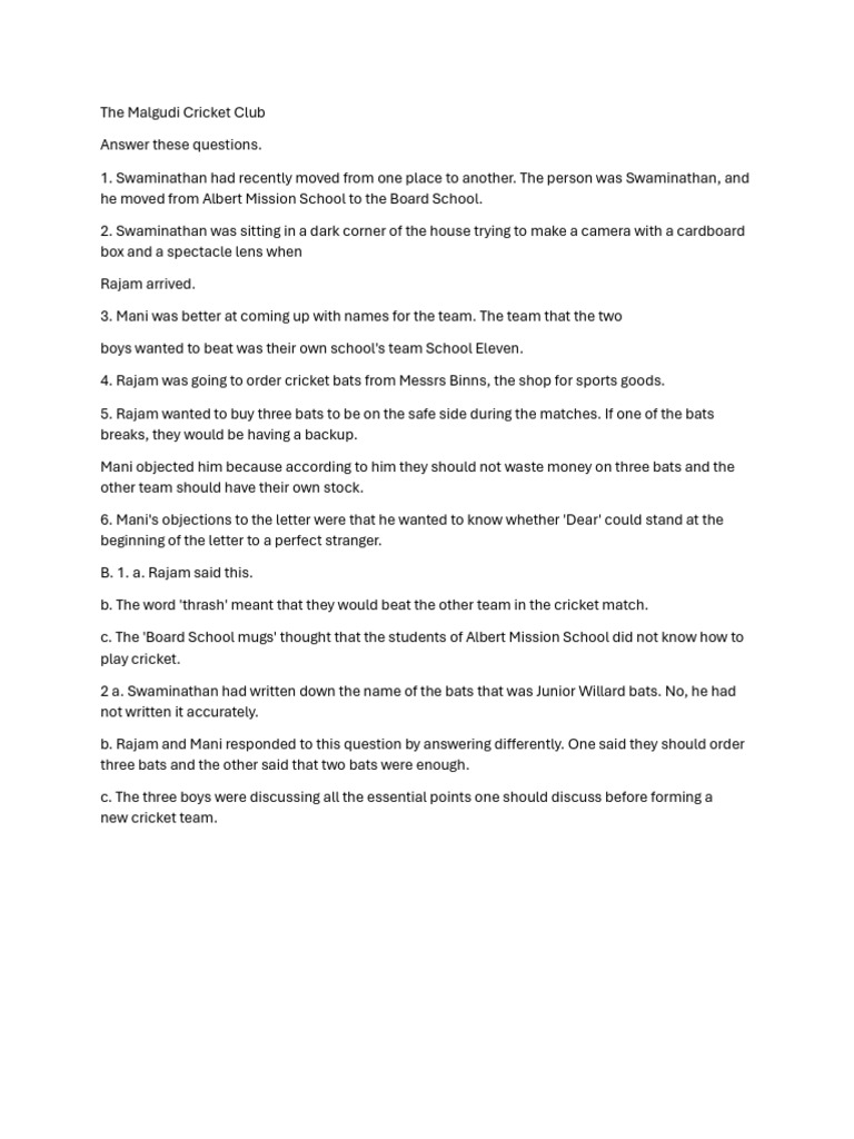 Malgudi Cricket Club: Key Insights | PDF