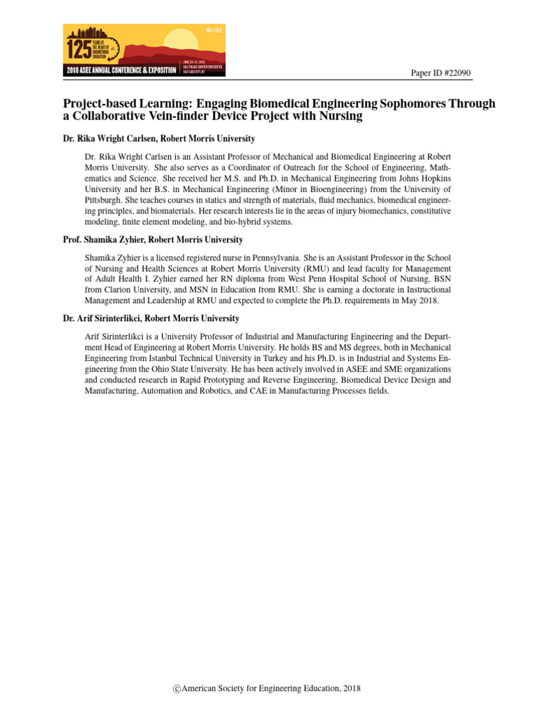 Project Based Learning Engaging Biomedical Engineering Sophomores Through A Collaborative Vein ...