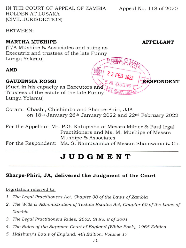 Martha Mushipe V Gaudensia Rossi-Appeal No. 118 of 2020 | PDF