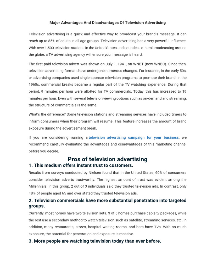 TV Ads: Pros and Cons for Marketers | PDF | Advertising | Television ...