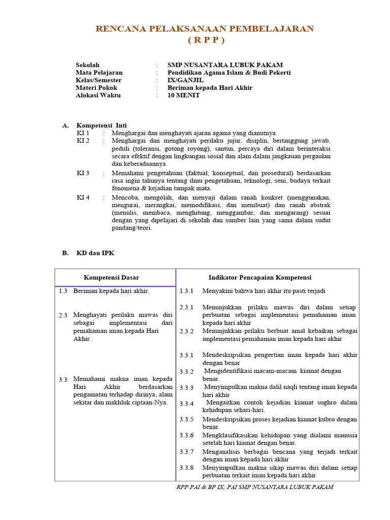 RPP Kelas 9 Satu Lembar | PDF | Filsafat