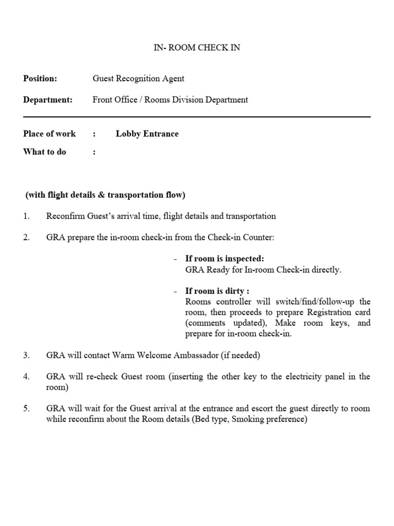 SOP in Room Check in For Front Desk - Guest Relations | PDF ...