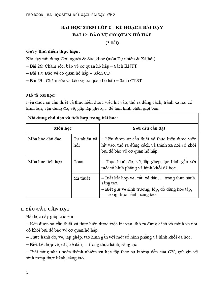 BH STEM 2 - BÀI 12 - Bảo vệ cơ quan hô hấp - KHBD | PDF