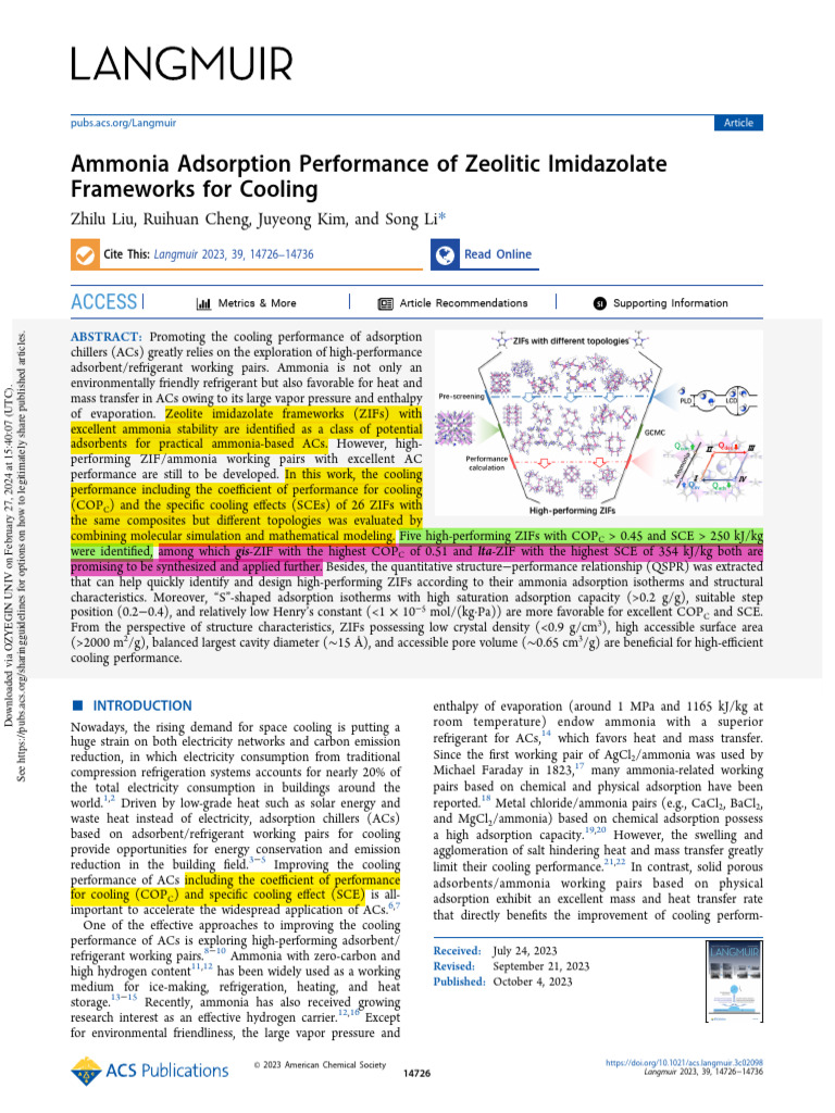 Liu Et Al 2023 Ammonia Adsorption Performance of Zeolitic Imidazolate ... Liu Et Al 2023 Ammonia Adsorption Performance of Zeolitic Imidazolate ...