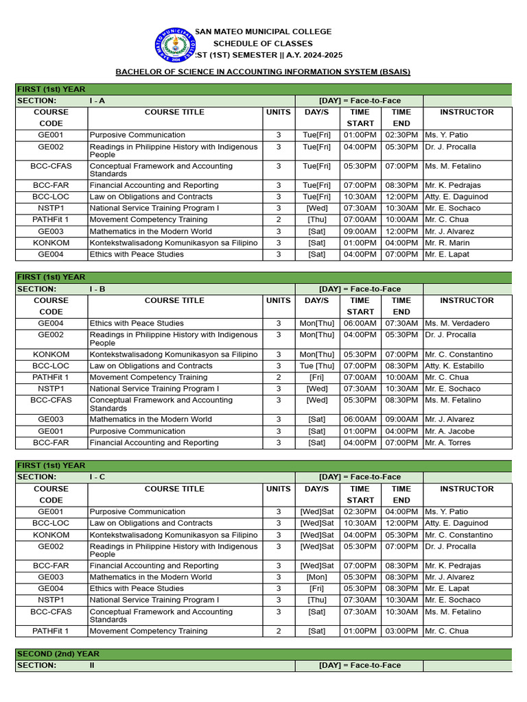 Class Schedule 24-25-1st - Sem BSAIS | PDF | Business